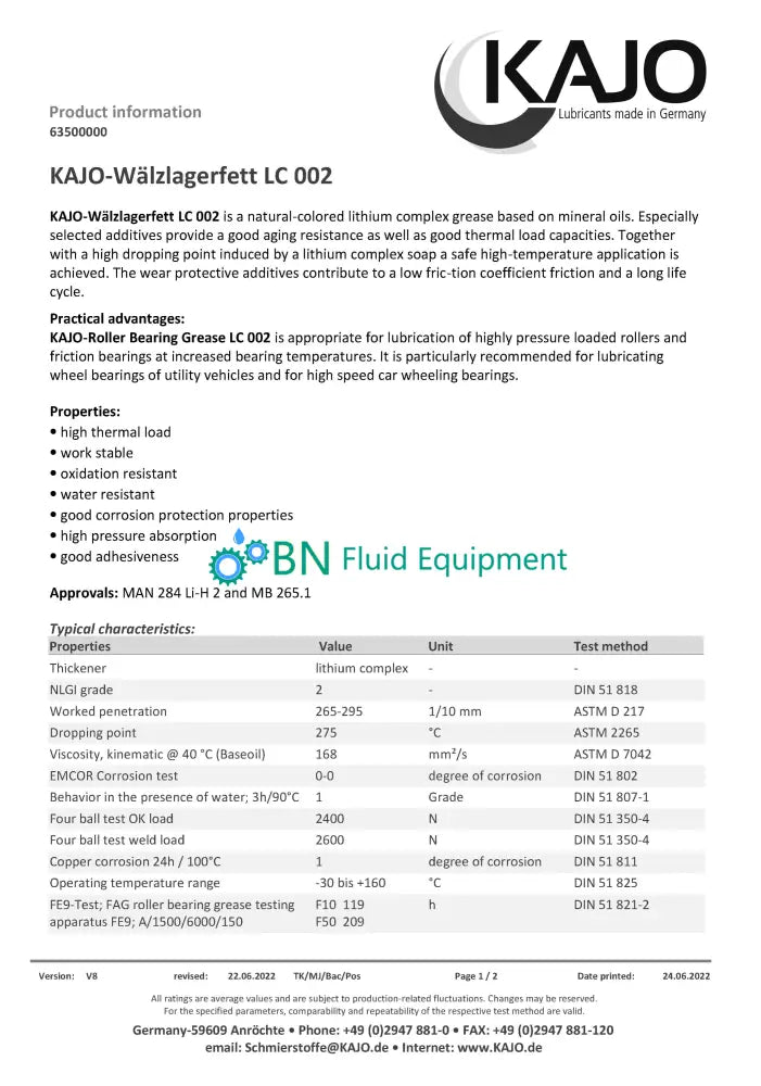 Kajo LC002 500g Roller Bearing Grease (Box Qty 20) – BN Fluid Equipment